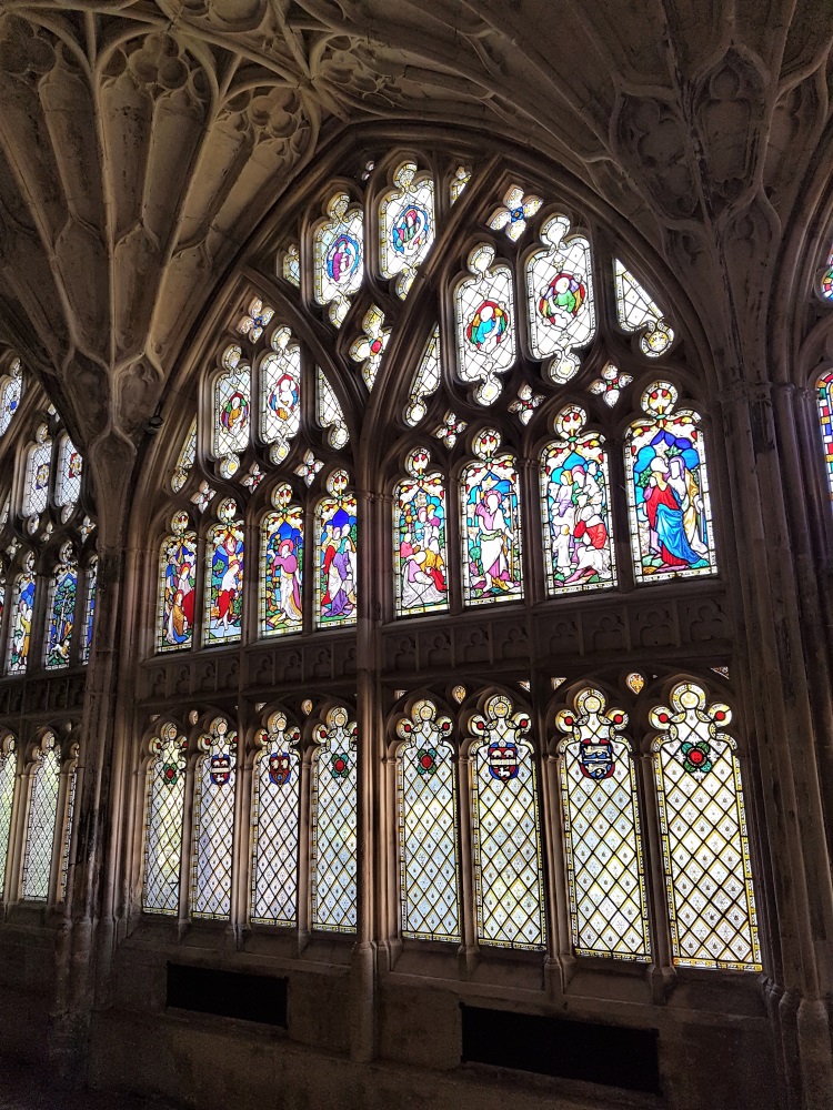 Stained glass windows, Gloucester Cathedral cloisters – Little Old World